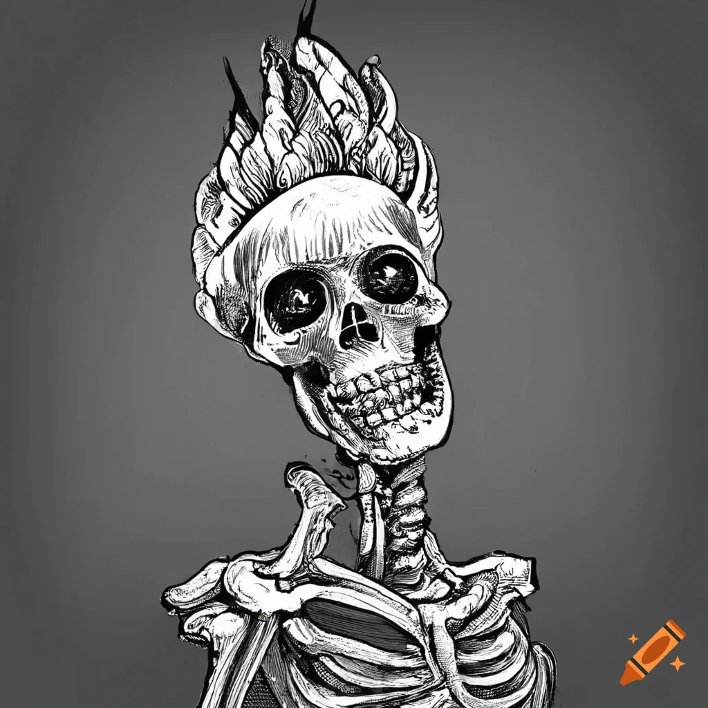 Burning skeleton with flowers in pen and ink on Craiyon