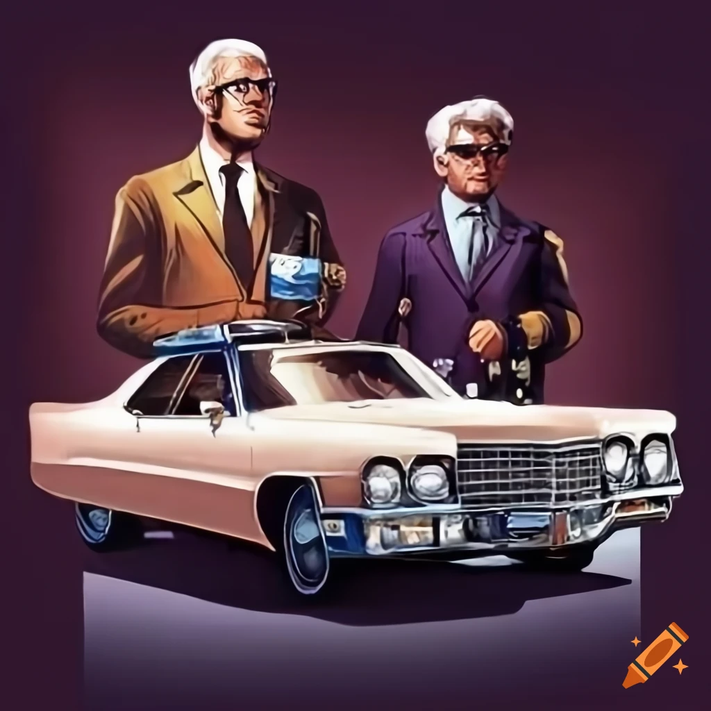 Poster for a 1970s cop show featuring two cops and a Cadillac on Craiyon
