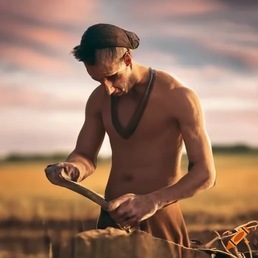 Man working in fields with ancient tools on Craiyon