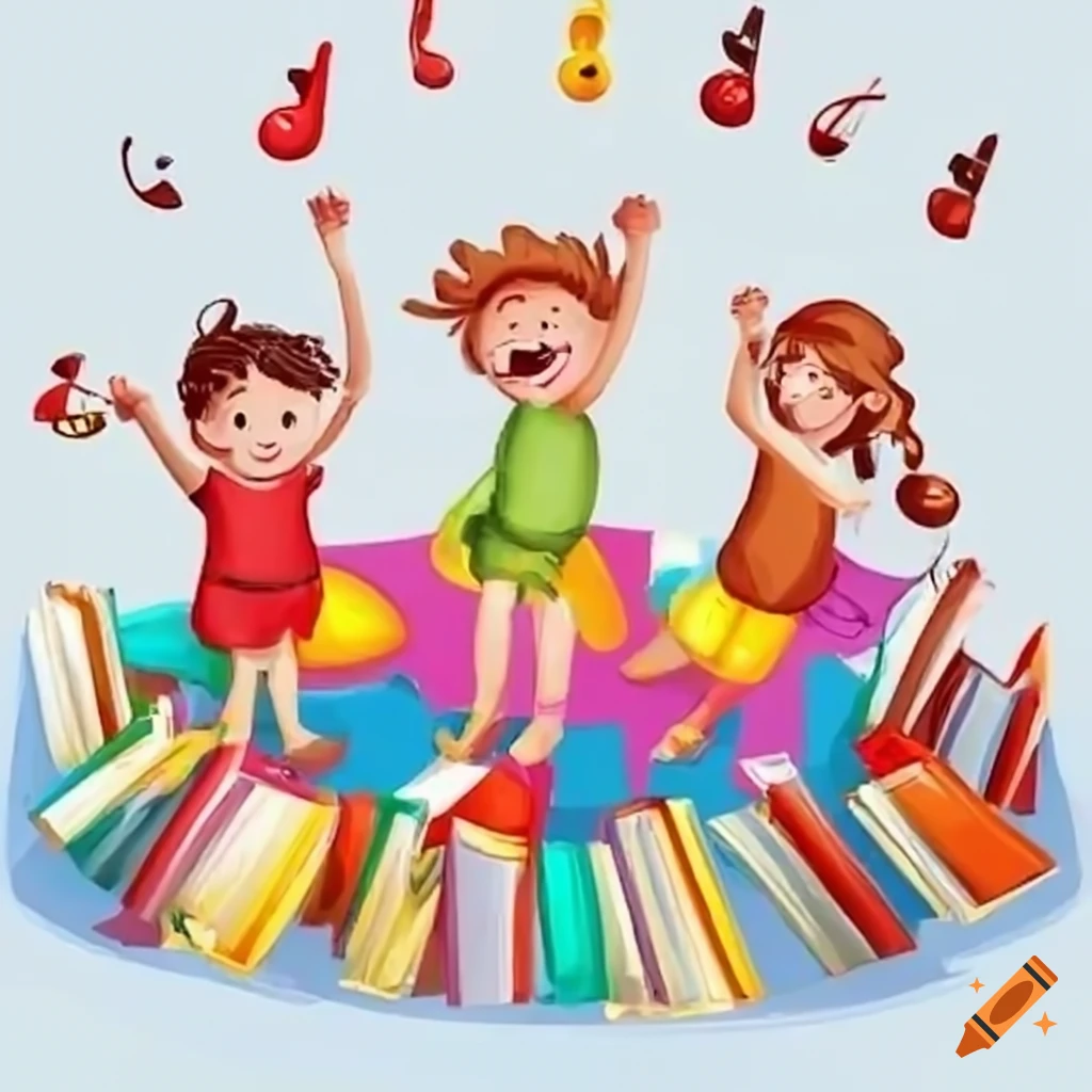 Cartoon children happily dancing surrounded by books and music symbols ...
