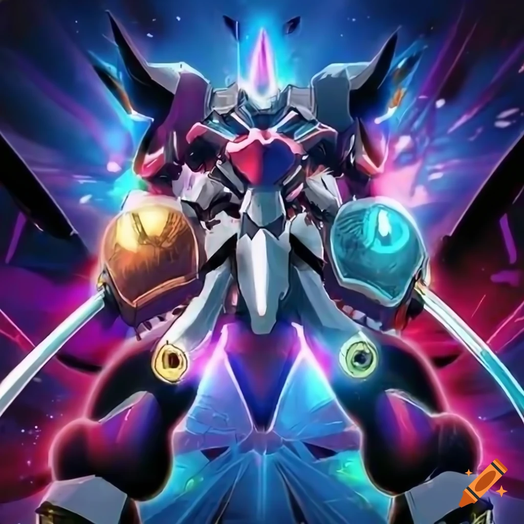 Digimon knight mecha in a space battle with galactic background on Craiyon