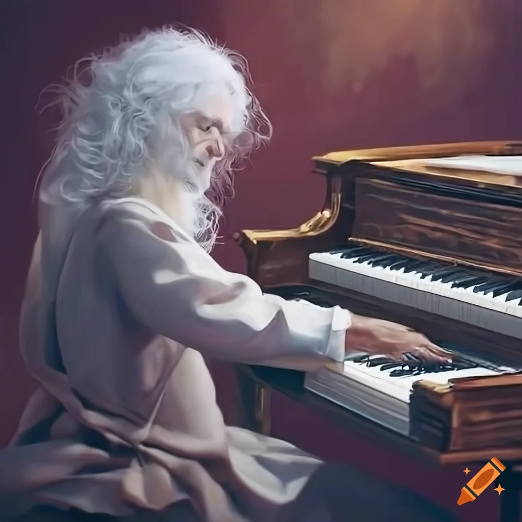 Masterful musician playing piano with white wig on Craiyon