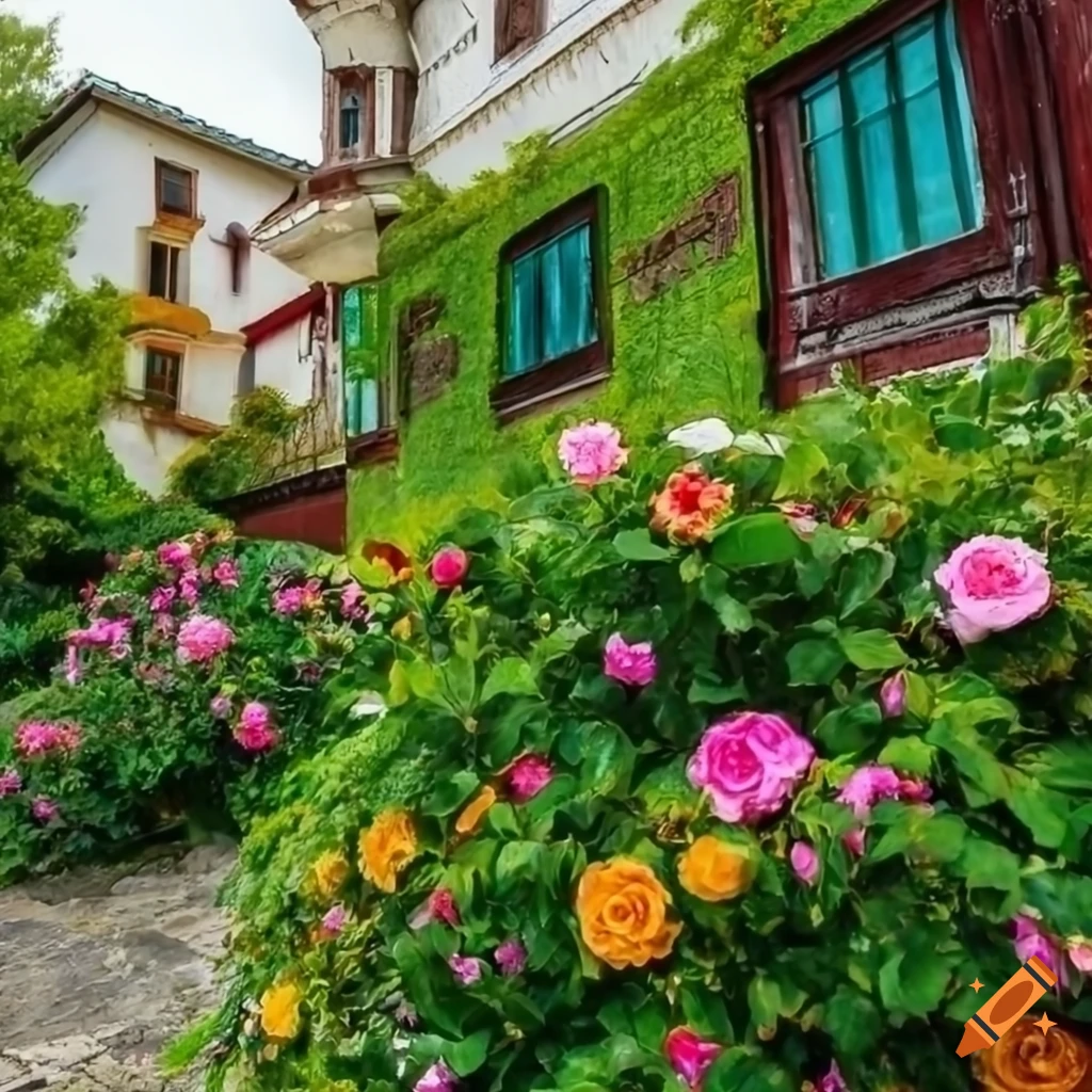 Intricate vibrant artwork of a decorated romanian house with a lush ...