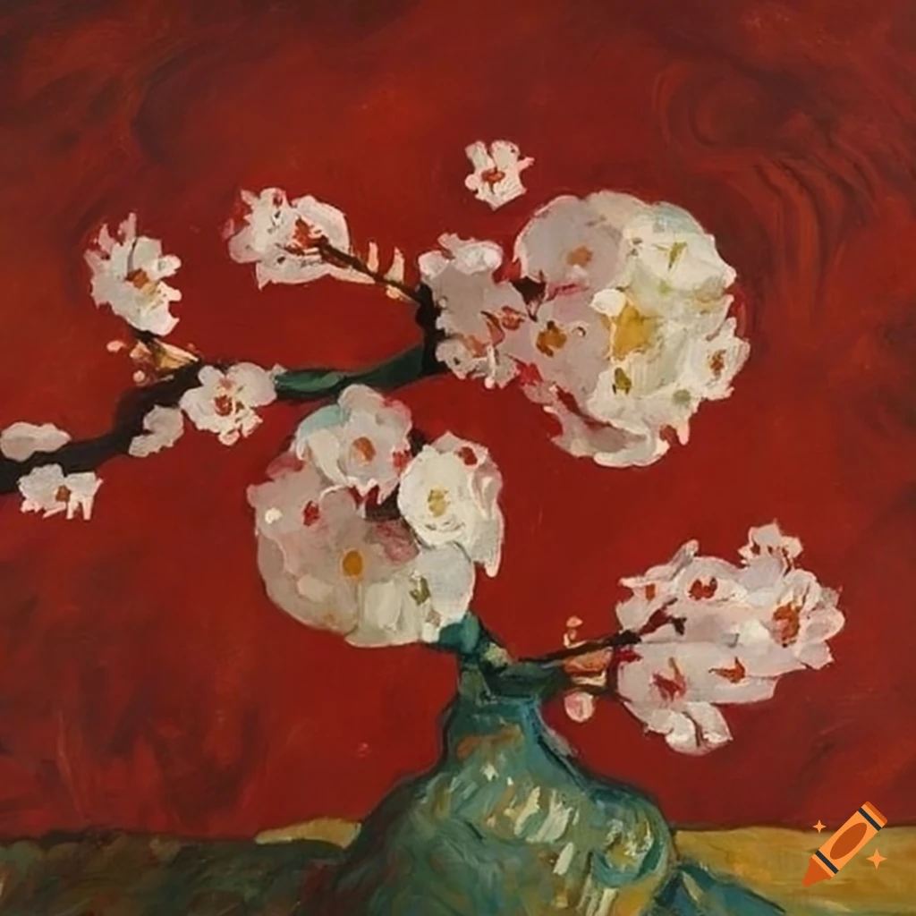 Almond blossom painting by van gogh in red tones on Craiyon