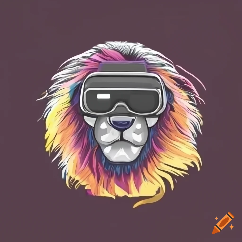 Lion icon wearing VR headset with futuristic colors on Craiyon