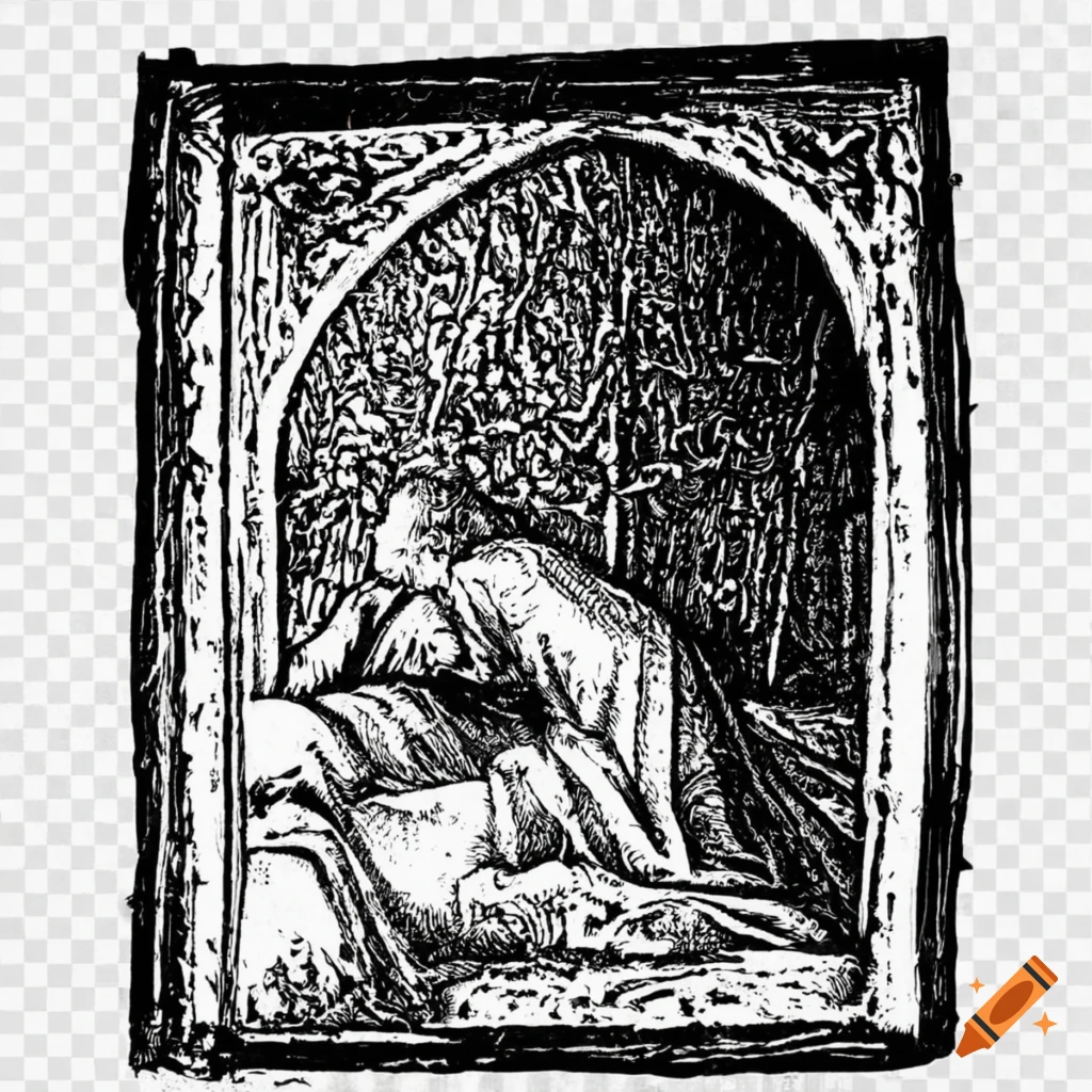 Medieval woodcut of a person sleeping in a fantasy land on Craiyon