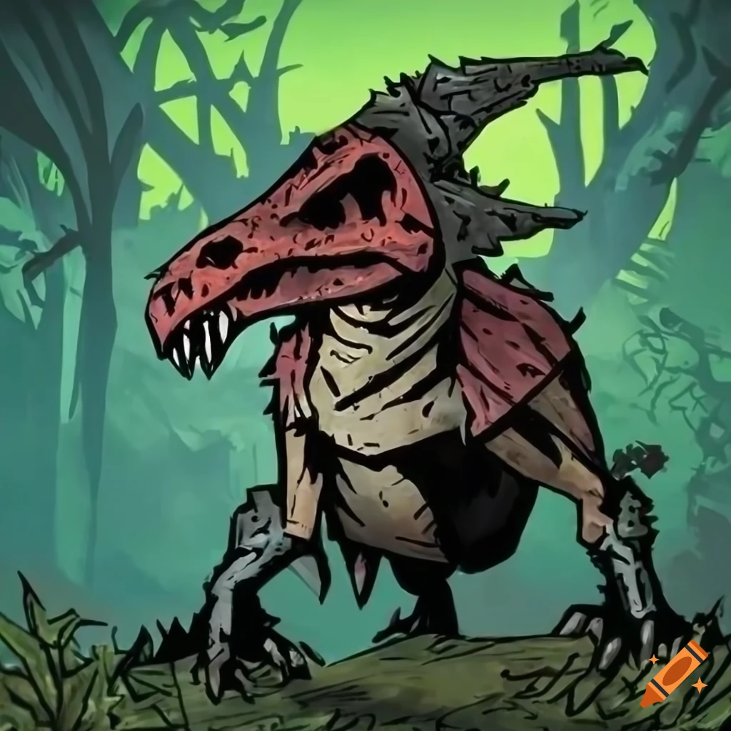 Angry dinosaur raptor in jungle reminiscent of darkest dungeon style on ...