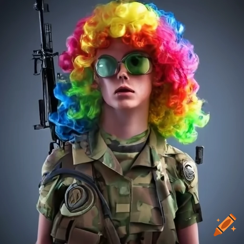 Androgynous army soldier with a rainbow wig on Craiyon