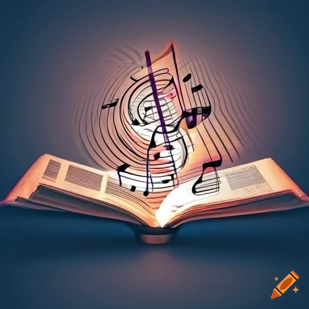 Open book with musical notes symbolizing the secrets of music on Craiyon