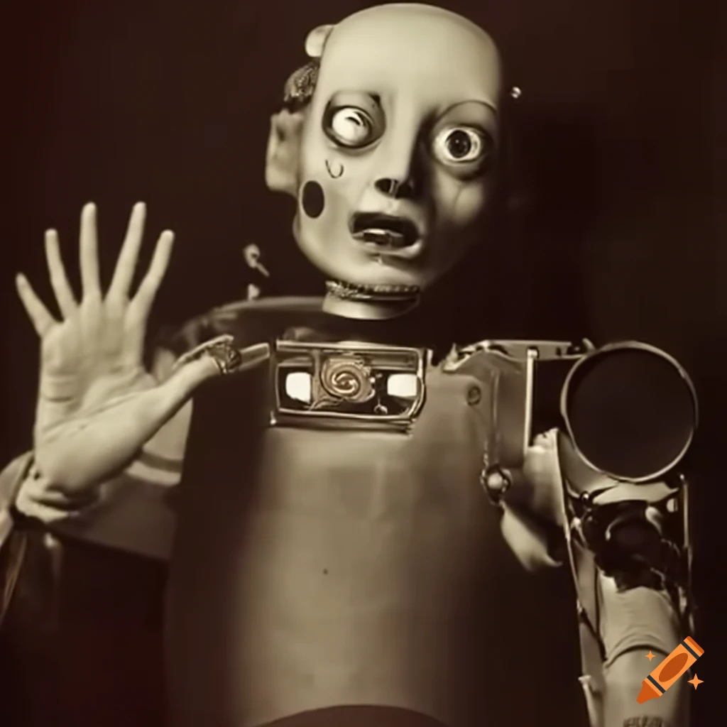 Creepy humanoid robot comedian on stage in a Victorian theater on Craiyon