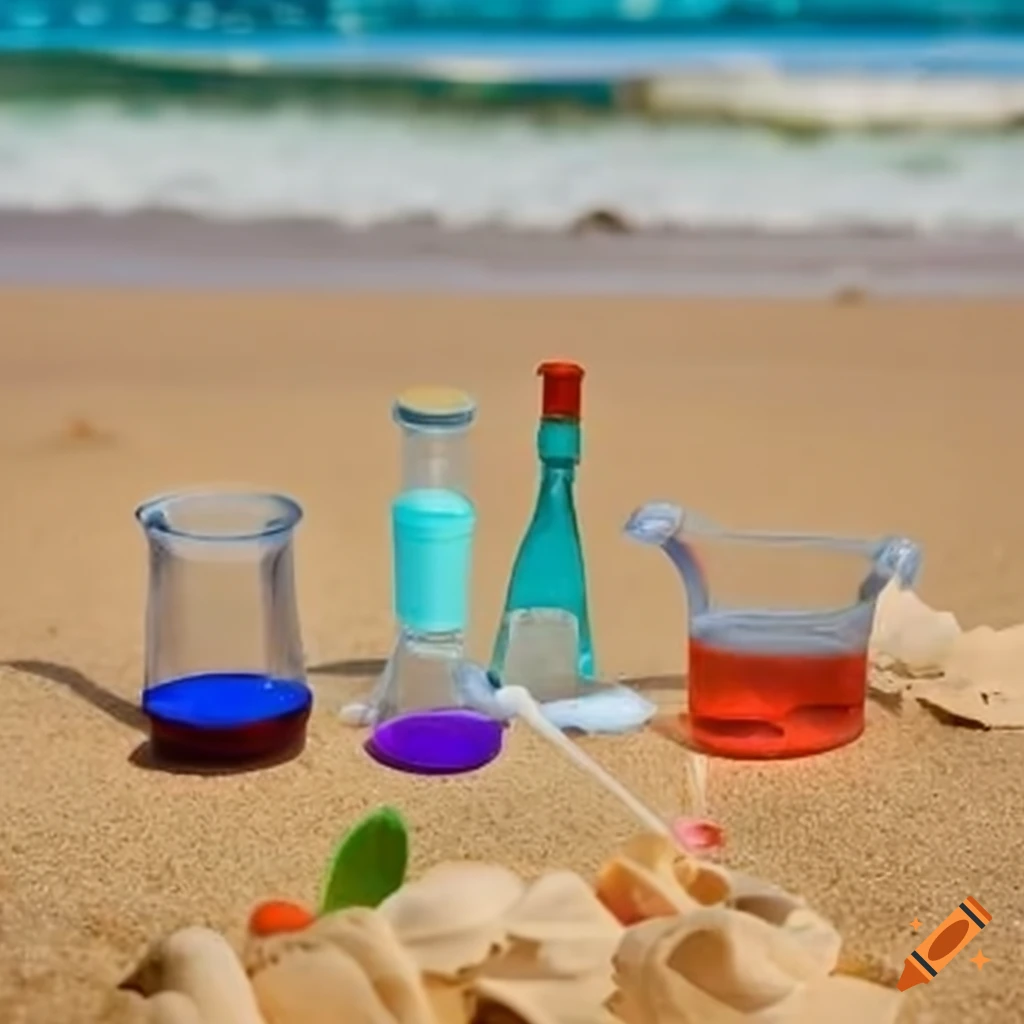 Laboratory items arranged on a beach with beakers, bottles, and vials ...