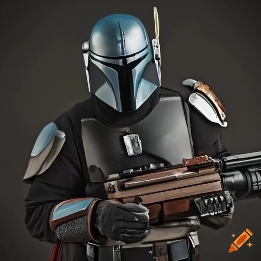 Mandalorian with jetpack, black armor, cape, and flamethrower on Craiyon