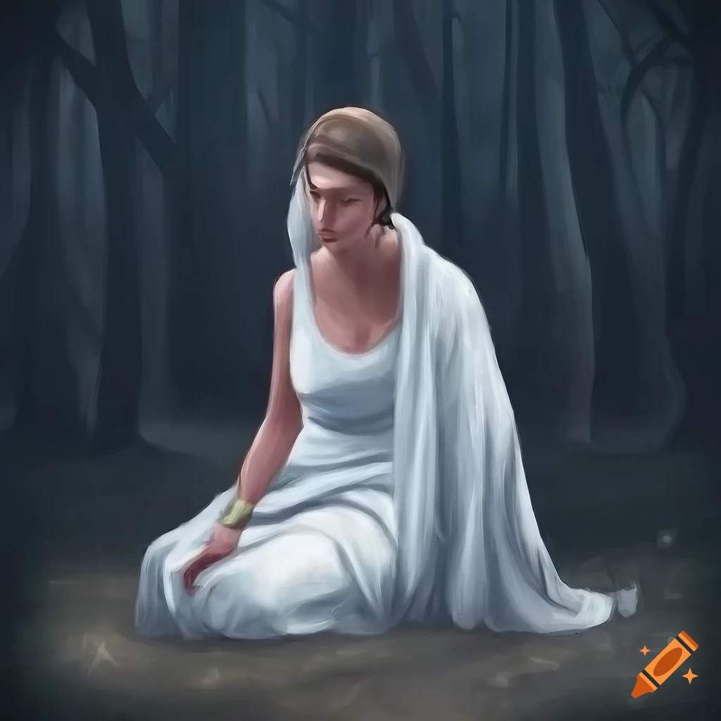 Tired ancient roman woman in white toga lying in a dark forest on Craiyon