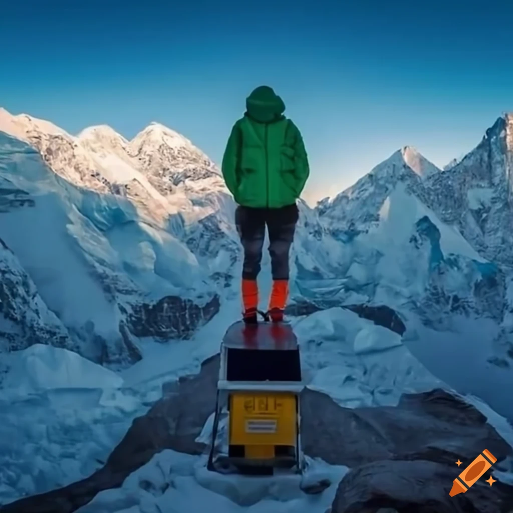 Person on a weighing scale at the summit of mount everest on Craiyon