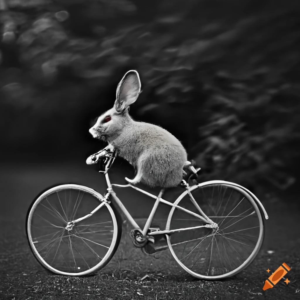Bunny riding a bicycle in a surrealistic scene on Craiyon