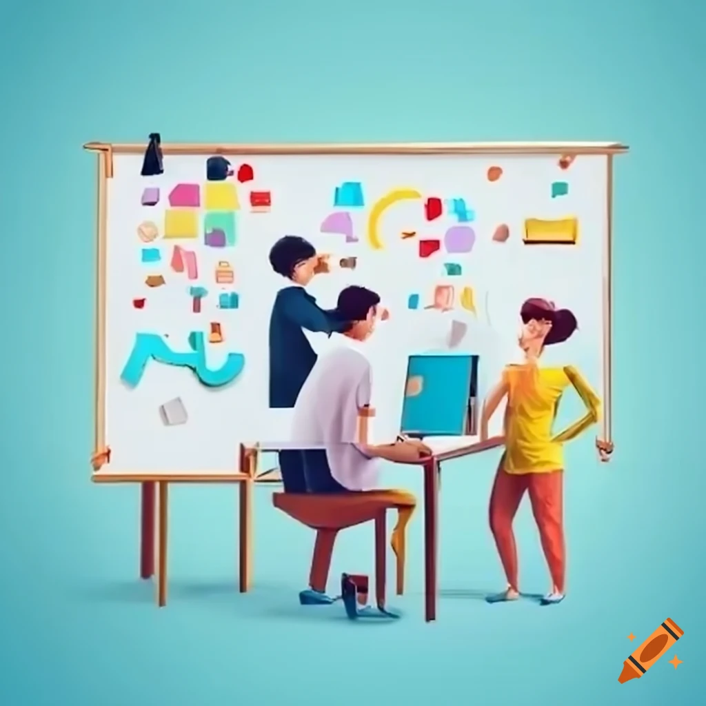 People collaborating and brainstorming around a whiteboard on Craiyon