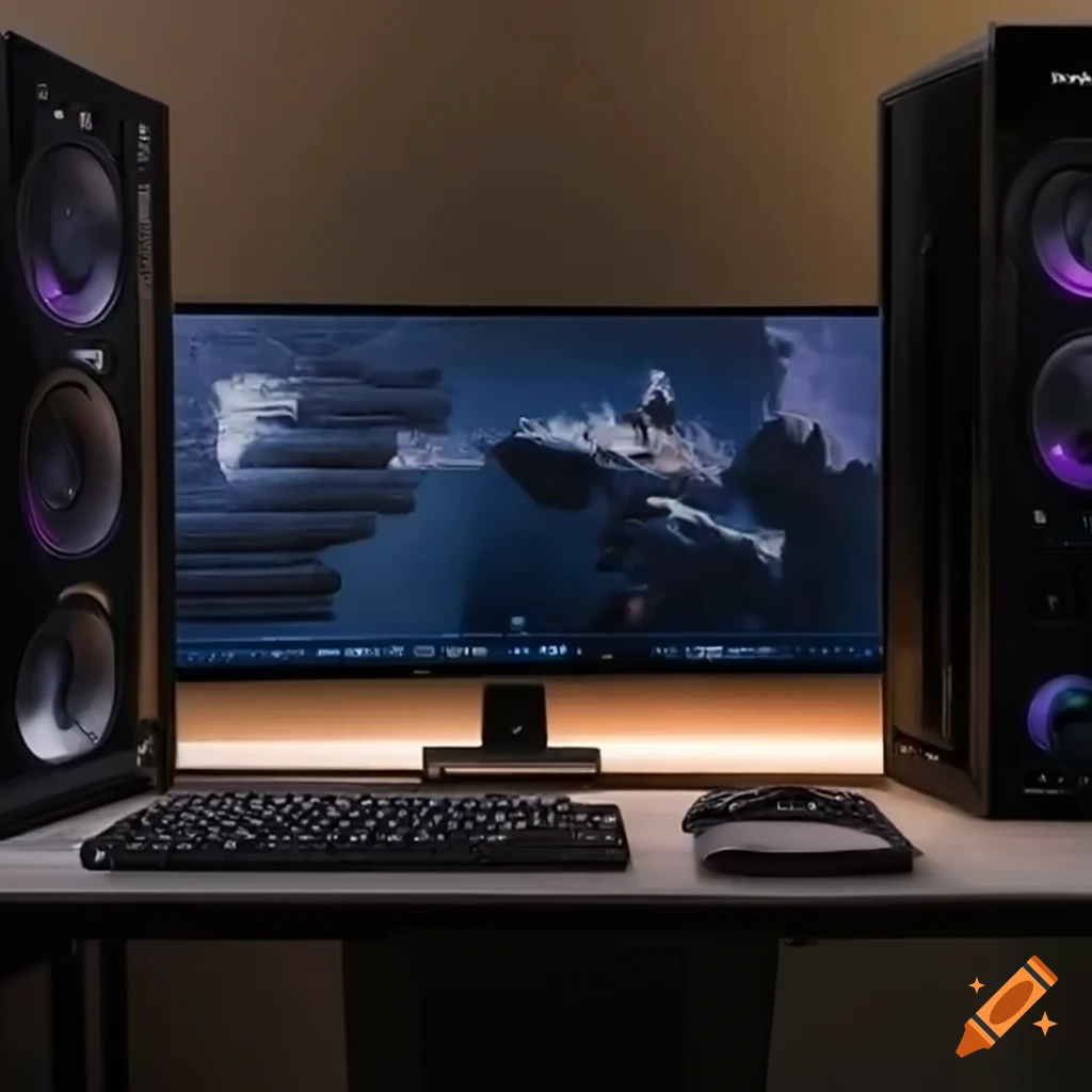 Realistic pc setup with three monitors in a room on Craiyon