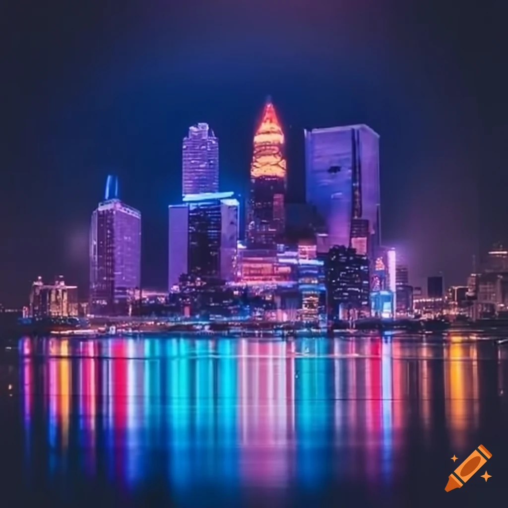 Detroit city illuminated by neon lights in cover art style on Craiyon