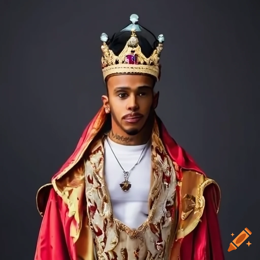 Lewis hamilton depicted as a regal monarch with crown and robe on Craiyon