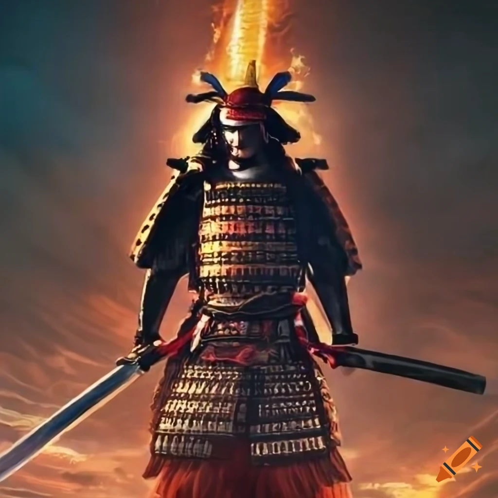 Samurai master with blazing sword in a dramatic setting of wind and ...