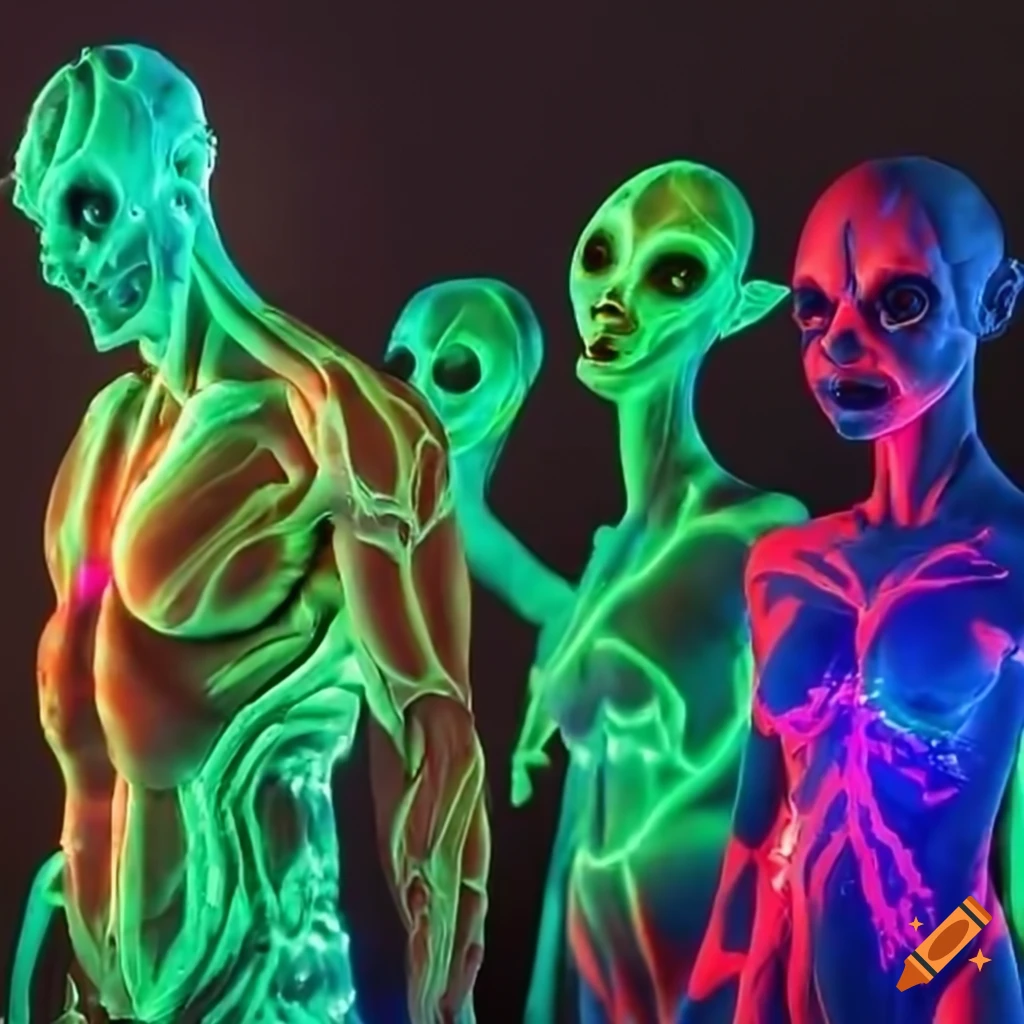 Group of glowing fluorescent alien ghosts with detailed muscular ...