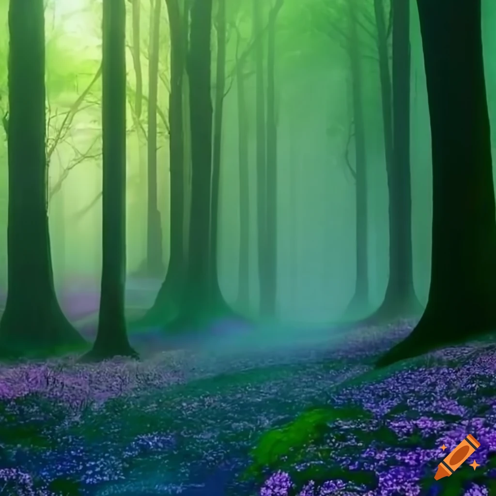 Mystical springtime forest with morning mist and sunbeams filtering ...