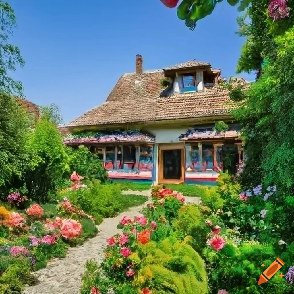 Intricate vibrant artwork of a Romanian house with garden of roses by ...