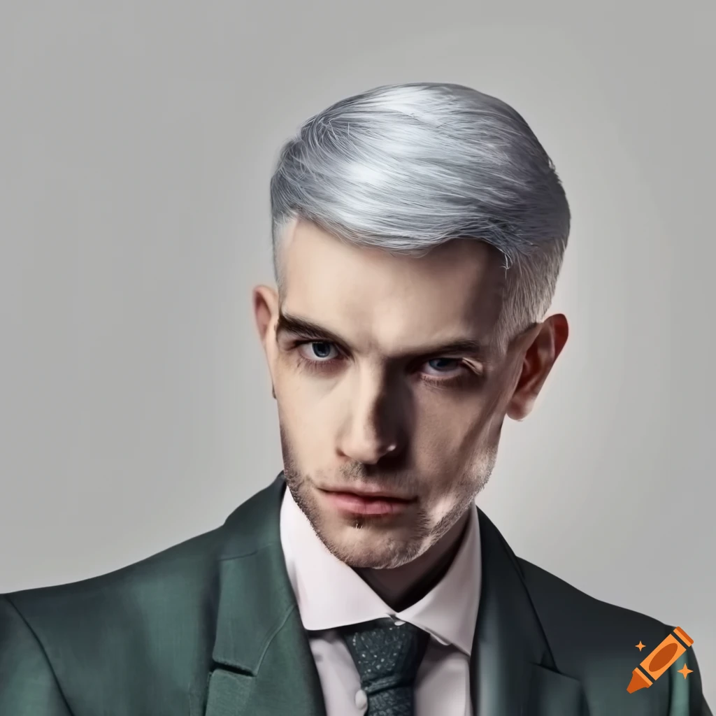 Man in his 30s with white hair and beard in a suit on Craiyon