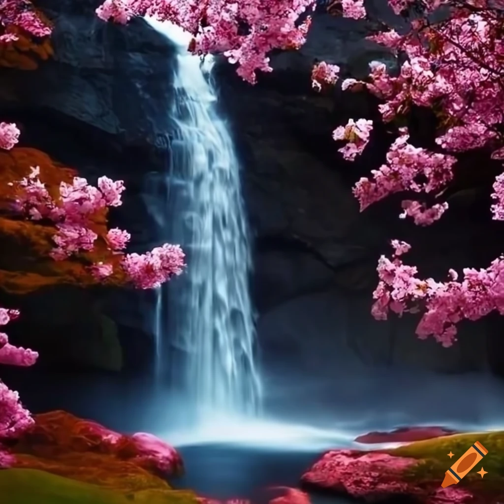 Waterfall surrounded by cherry blossoms in a natural setting on Craiyon
