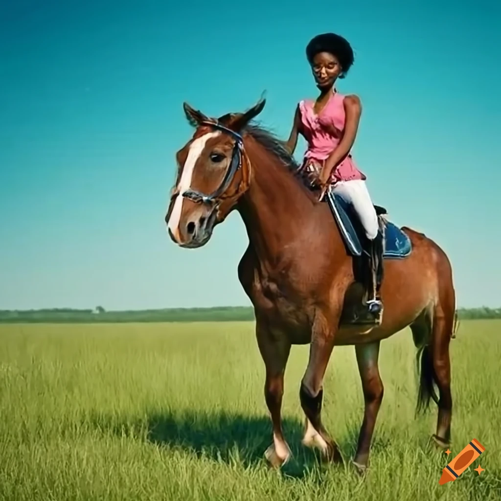 Powerful draft horse with an african woman rider in a picturesque ...