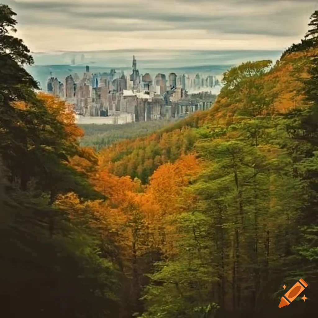 Mountain forests with new york city in the distance on Craiyon