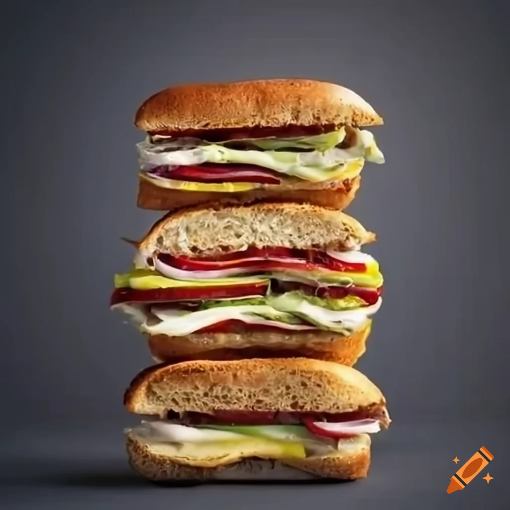 Tall towers of delicious sub sandwiches filling the image on Craiyon