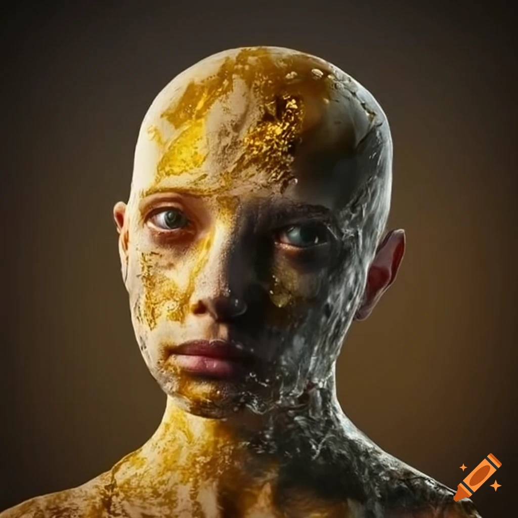 Realistic portrait of a humanoid covered in gold dust on Craiyon
