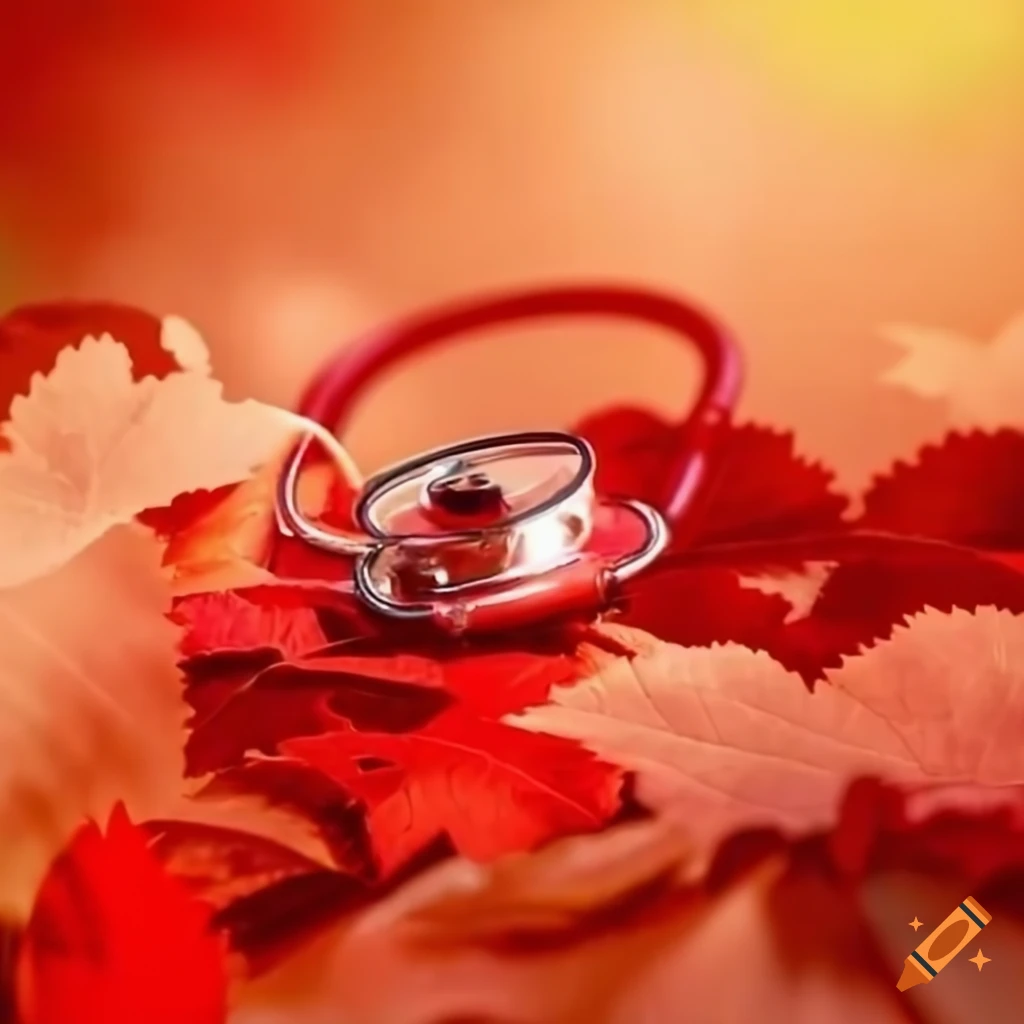 Stethoscope among spring leaves in sunlight with red hue on Craiyon