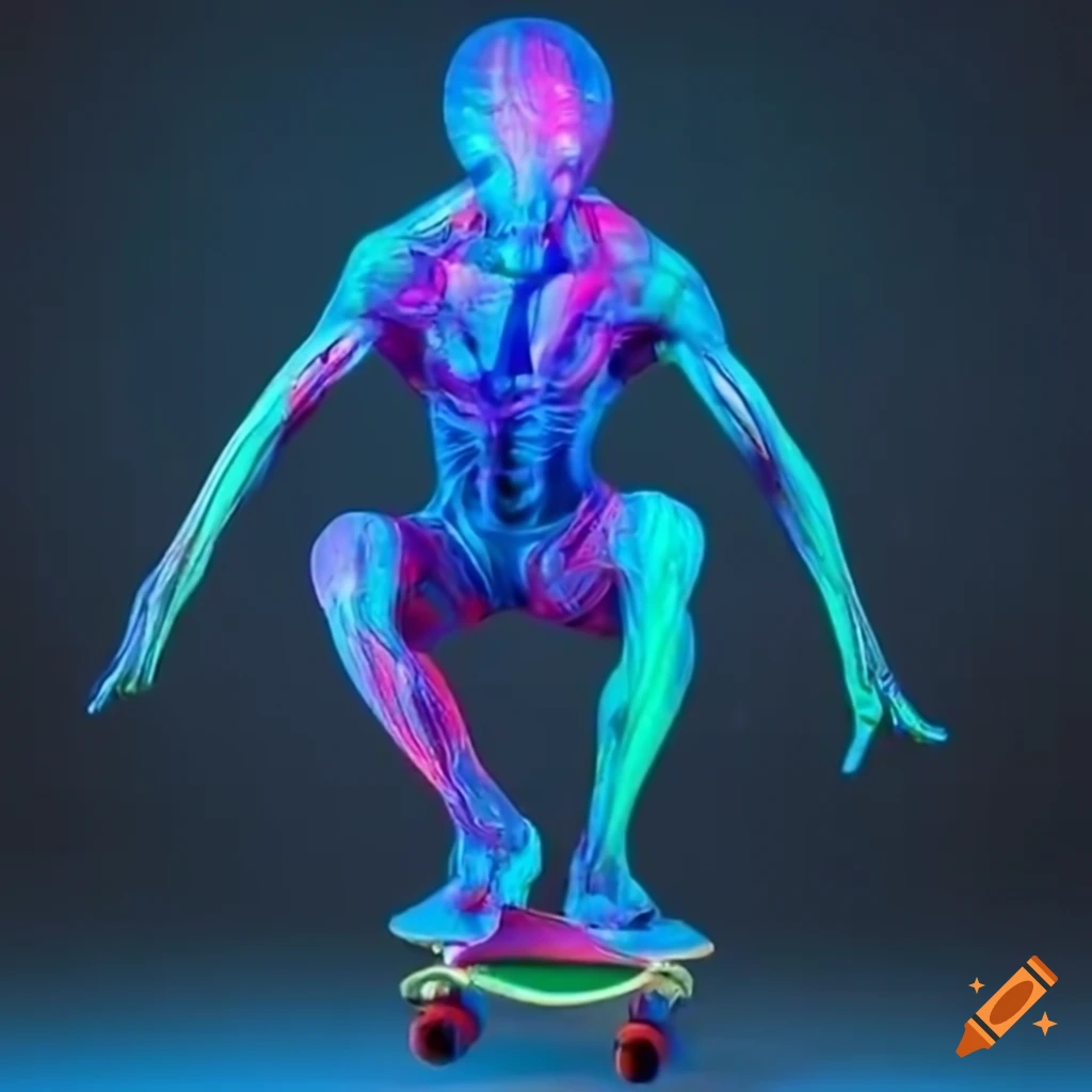 Fluorescent alien with detailed anatomy riding a skateboard on Craiyon