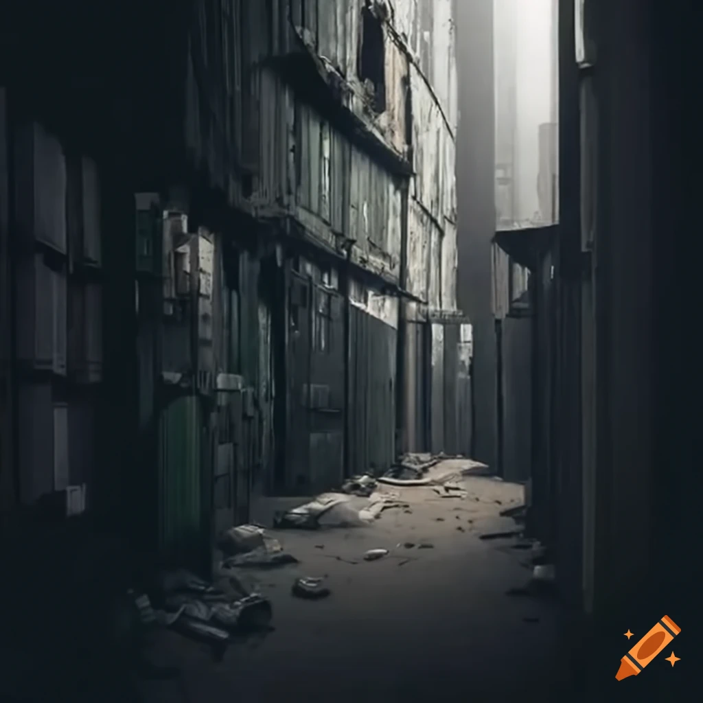 Gritty and dark noir scene of a slum with stacked shipping containers ...