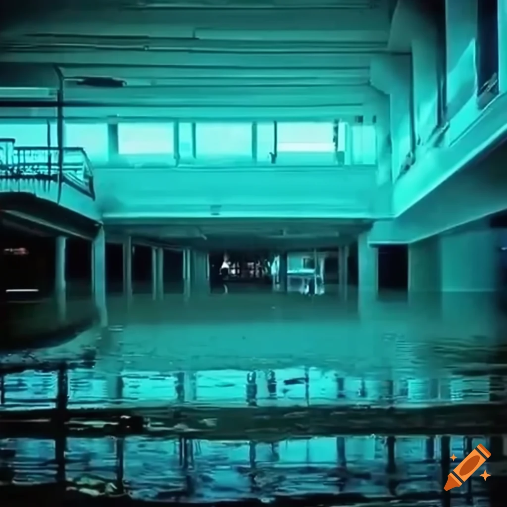 Abandoned mall flooded with water captured on camcorder, vhs aesthetic ...