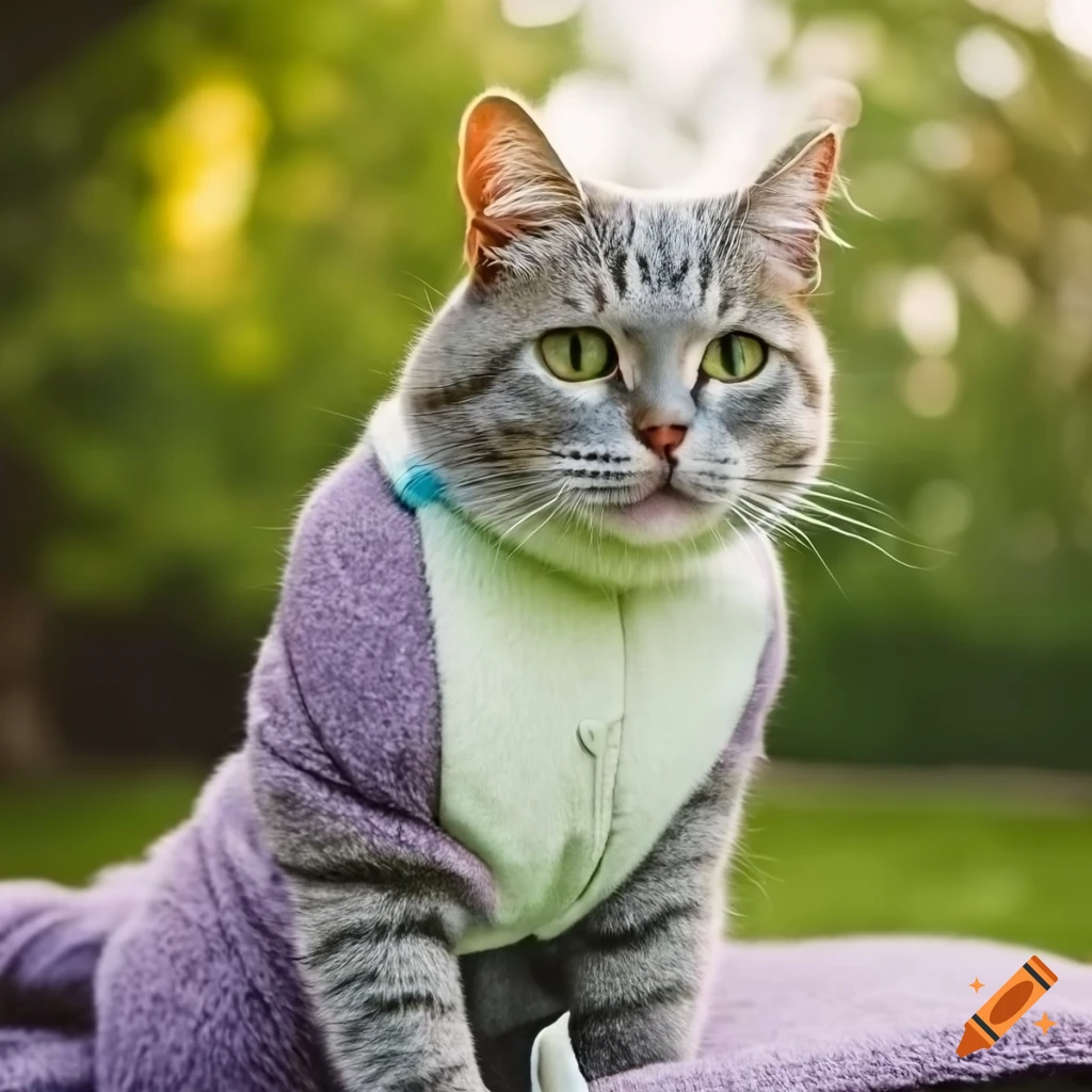 Relaxed cat in grey fleece jacket in a garden on Craiyon