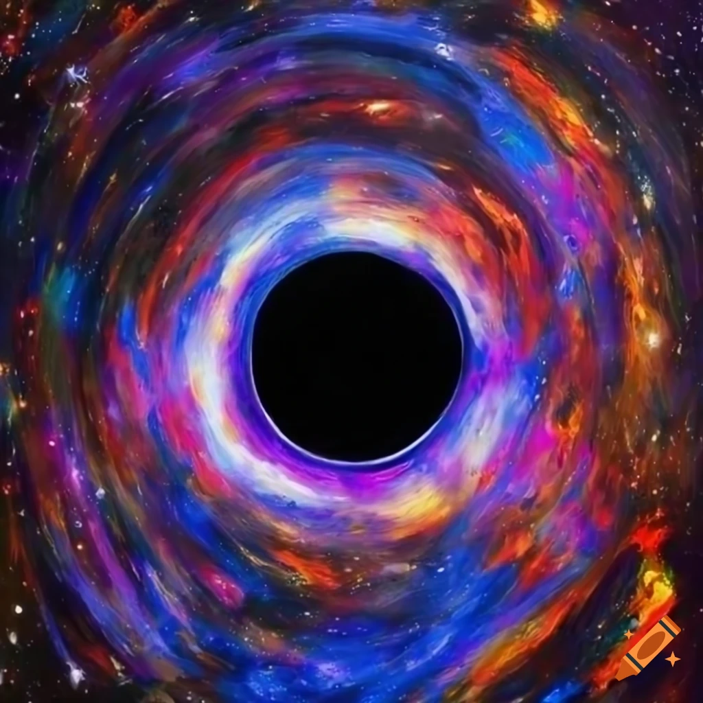 Cosmic realm with black hole surrounded by shimmering stars and vibrant colors on Craiyon