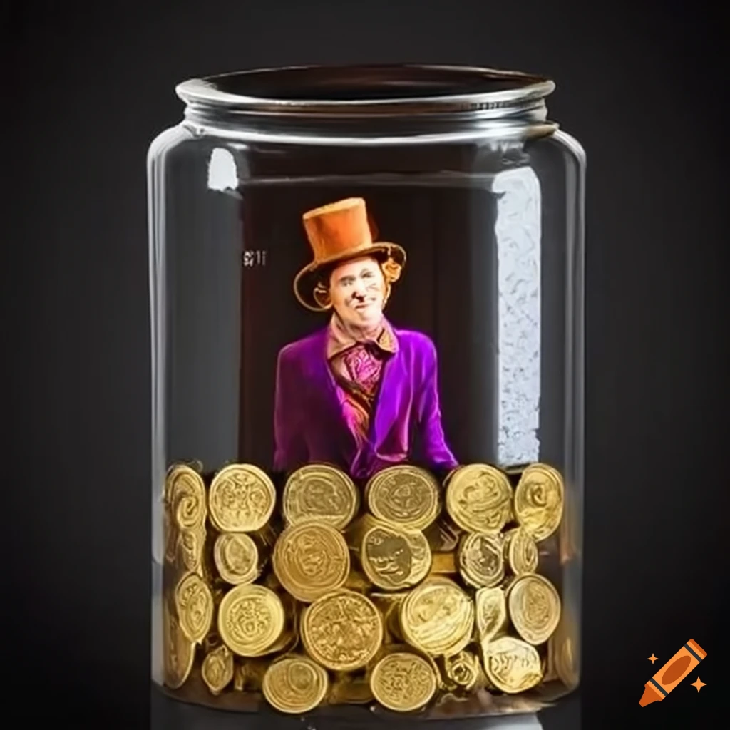 Willy Wonka showcasing a jar of gold coins for charity fundraising on ...
