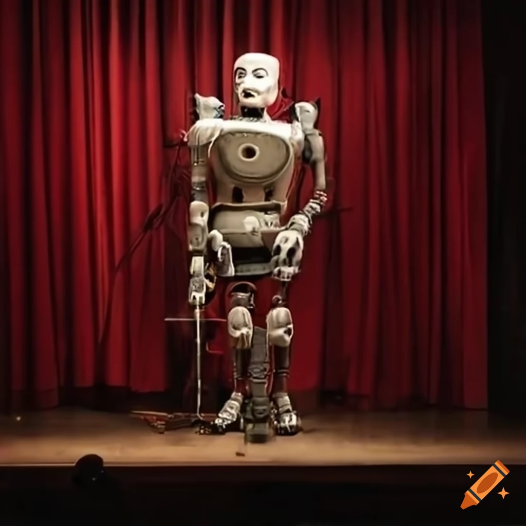 Creepy humanoid robot comedian on stage in a victorian theater on Craiyon
