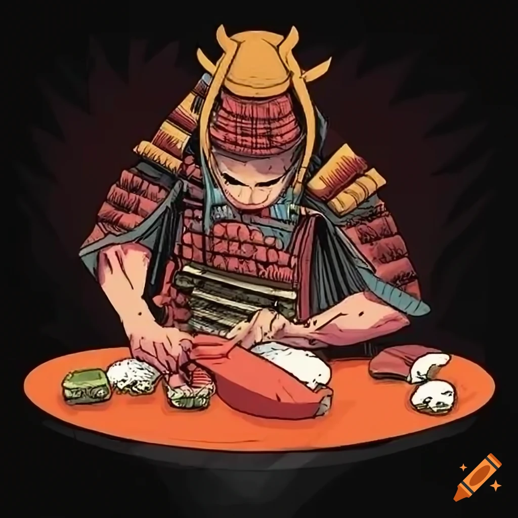 Samurai slicing sushi in a comic style on Craiyon
