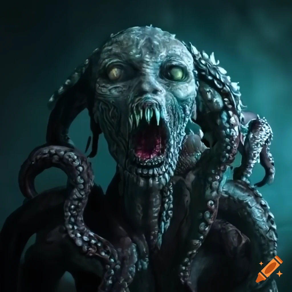 Lovecraftian dragon demon cthulhu with octopus priest on Craiyon