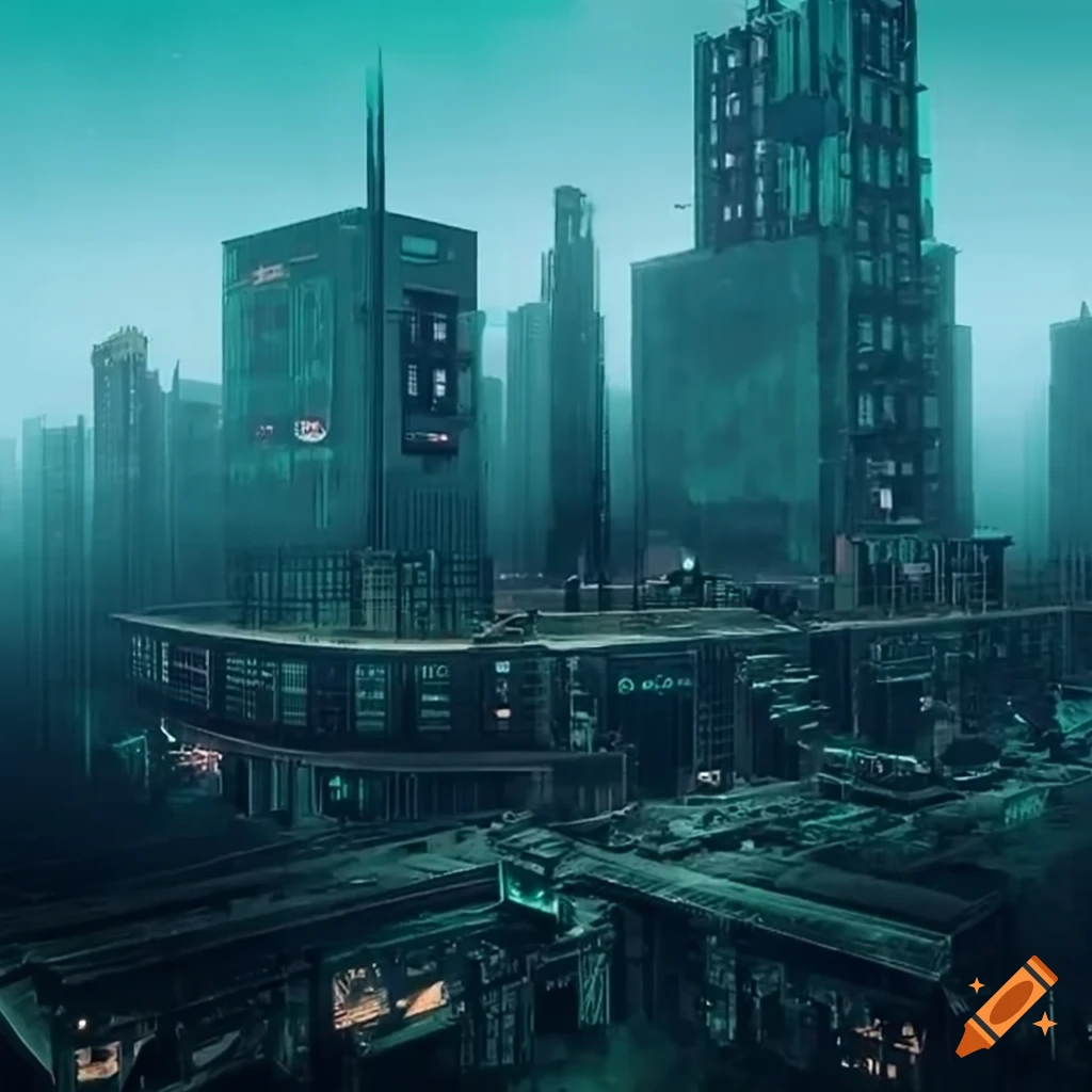 Cybernetic post-apocalyptic metropolis with towering skyscrapers and ...