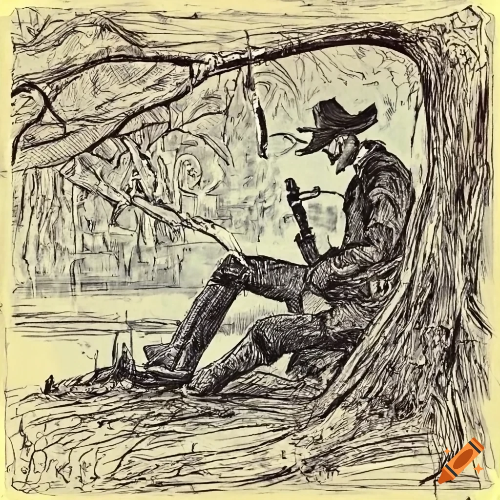 Cowboy cleaning revolver and smoking under a tree in the bayou on Craiyon