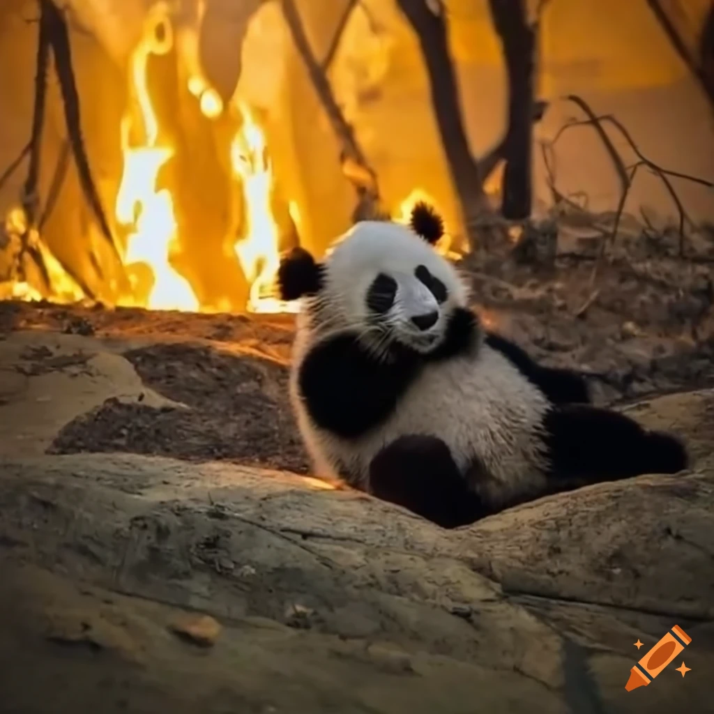 Pandas seeking refuge from forest fires on Craiyon
