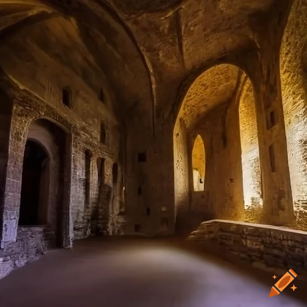 Inside view of a huge majestic medieval castle with a safe atmosphere ...