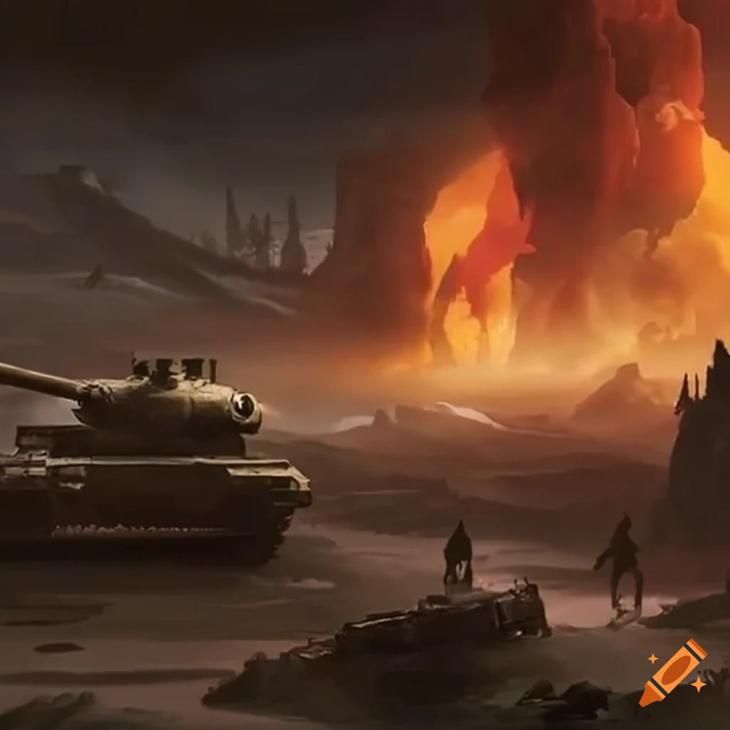 Epic battle scene in a war-torn landscape with tanks and gunfire on Craiyon