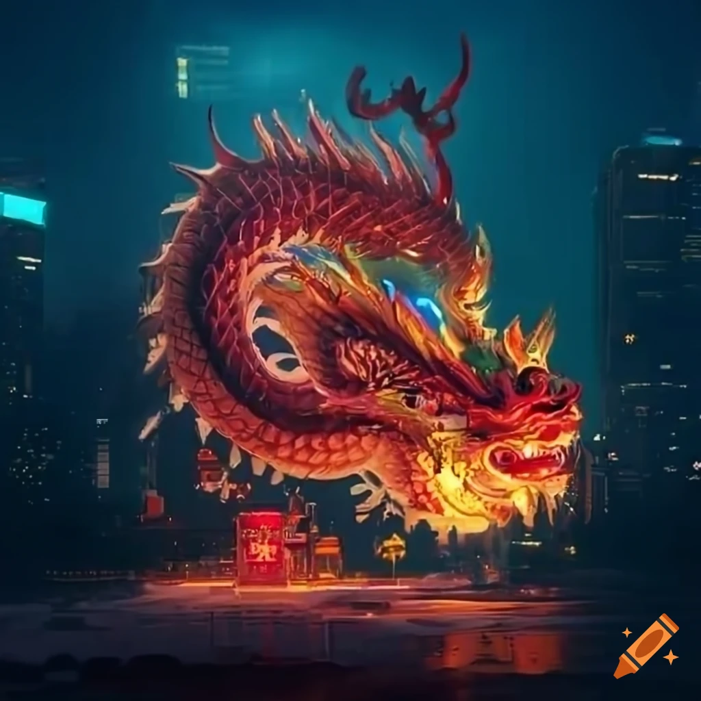 Auspicious dragon in a futuristic cyberpunk city with technology and ...