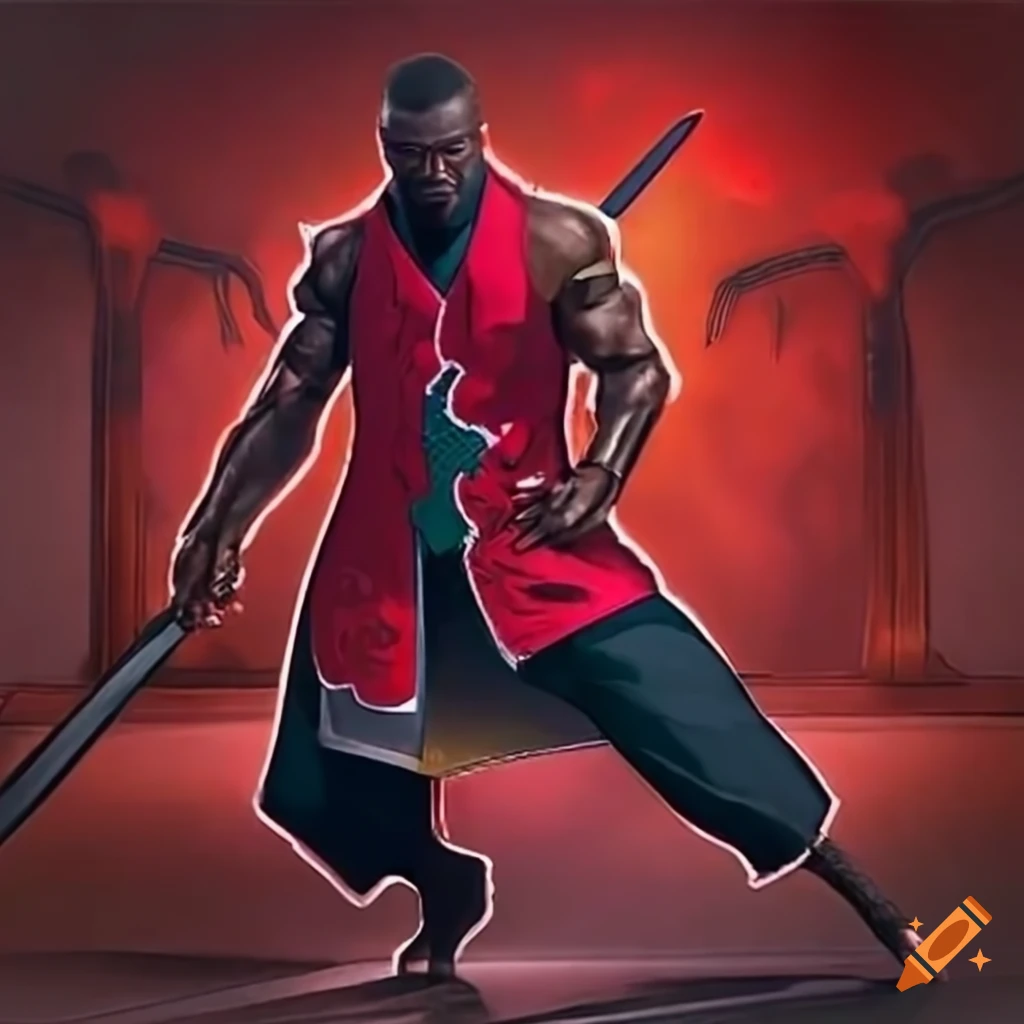 Idris elba in red monk akatsuki attire with a sword on Craiyon